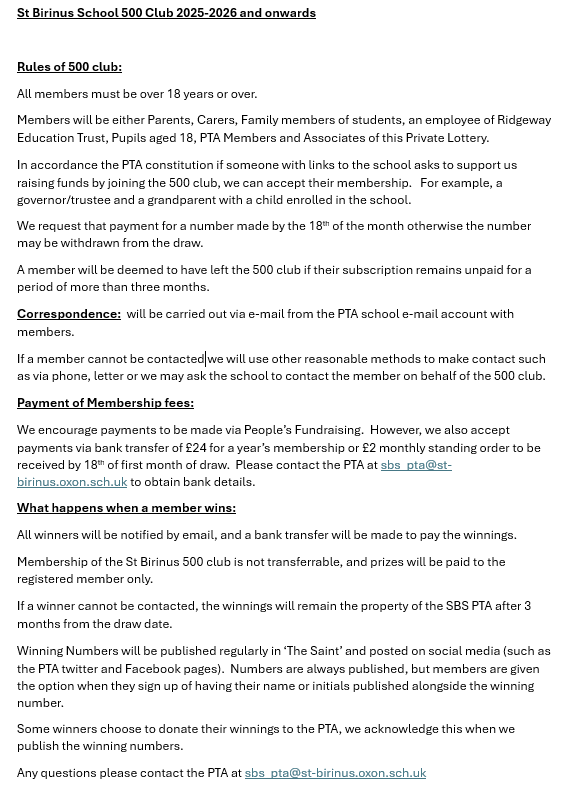 Membership - St Birinus School PTA 500 Club Membership